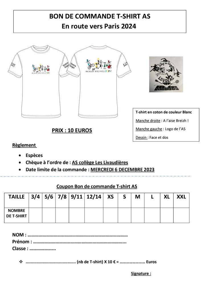AS : Vente de T-shirts « En route vers Paris 2024 ! » - Collège des Livaudières